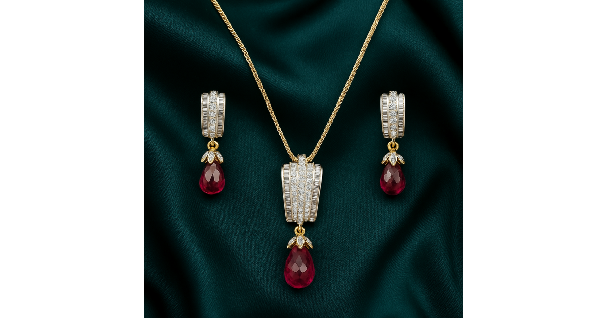 Ruby Raindrop Pendant Set - Ruby Red - Gold | Jewora