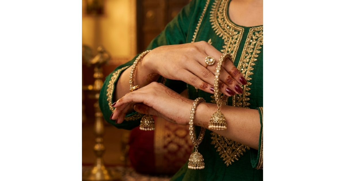 Traditional Kundan & Jhumka Accent Kada - 4 Pieces - 2-4 | Jewora